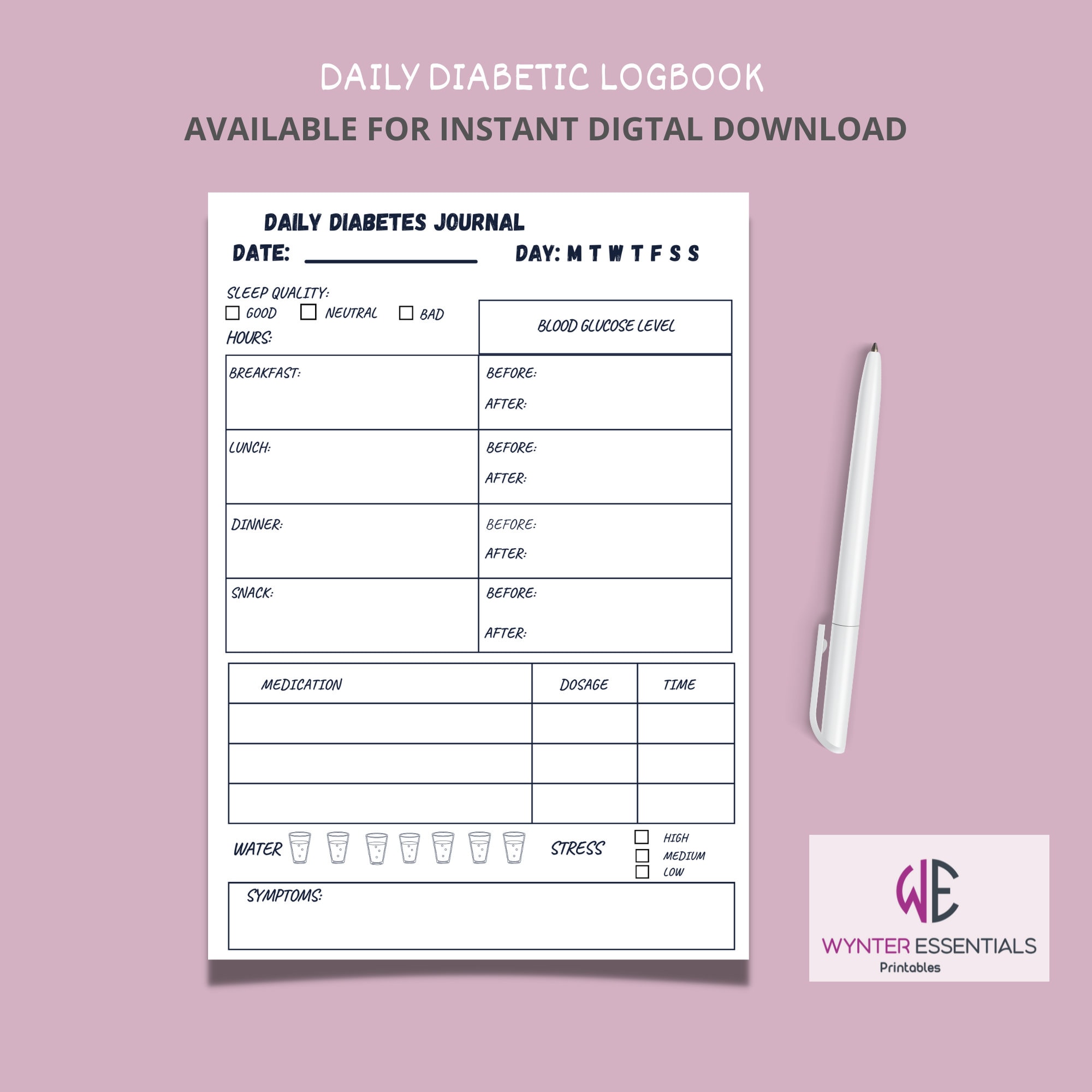 Daily Diabetic Logbook Diabetic Journal Blood Sugar Tracker Printable ...