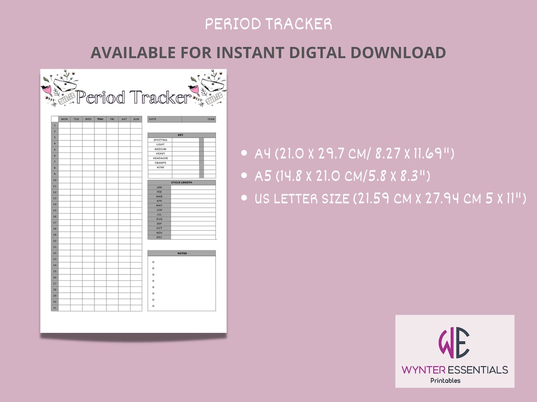 Period Tracker Printable Monthly Menstrual Cycle PMS Tracker Symptom ...