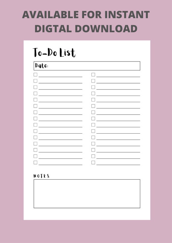 To Do List & Notes Printable Daily Planner Instant Download | Etsy