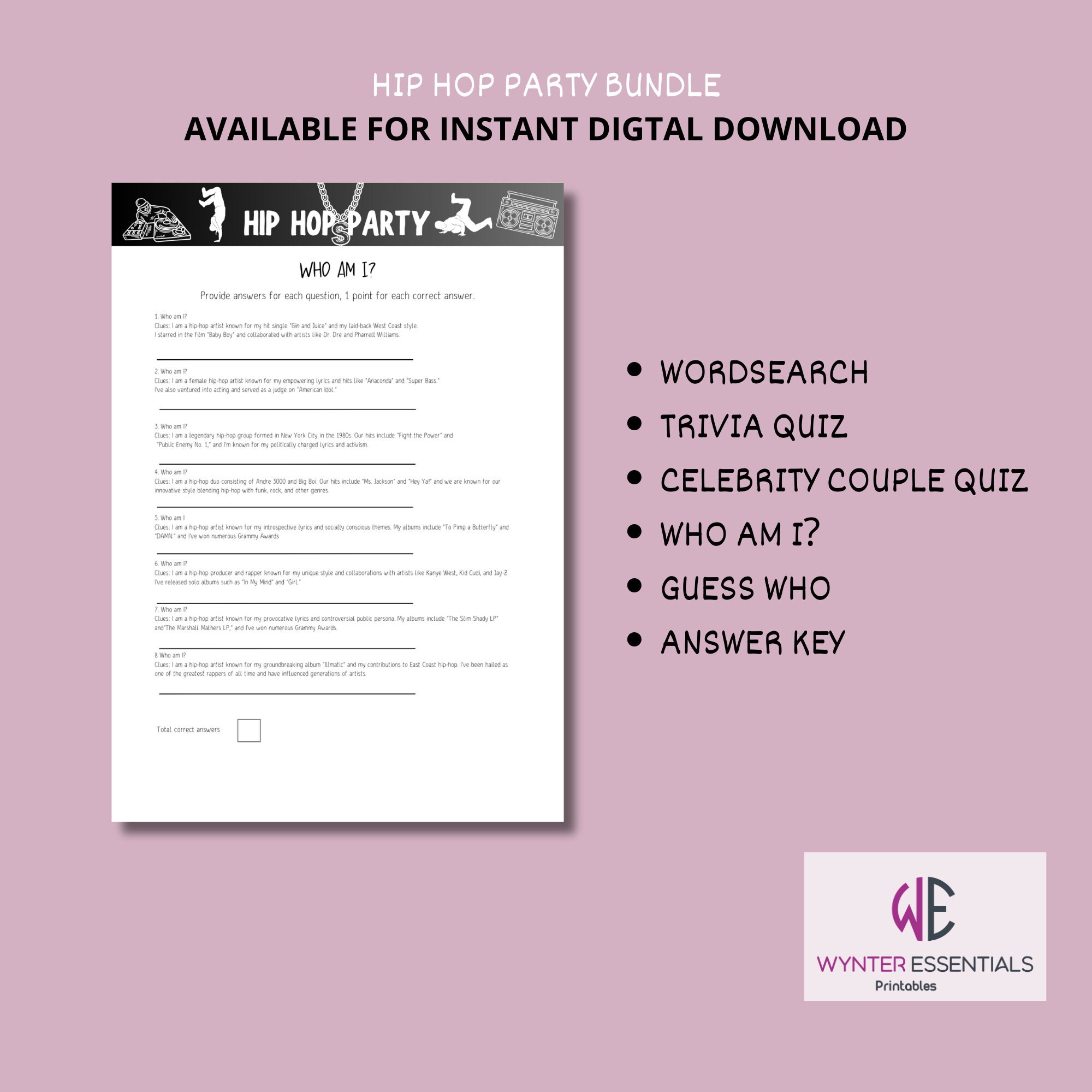 Hip Hop Party Game Printable PDF, Music Themed Game, Instant Download ...