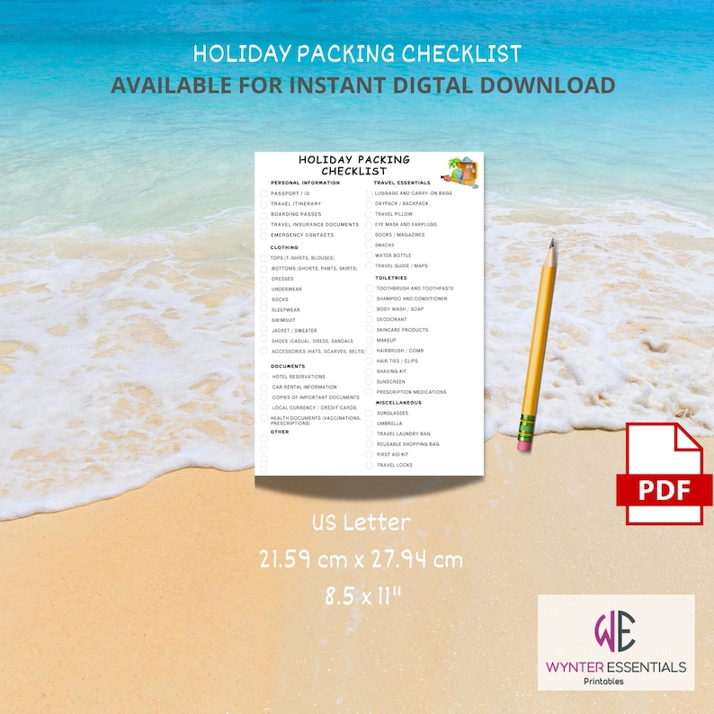 Printable Packing Checklist for Holidays, Travel Planner, Packing List ...