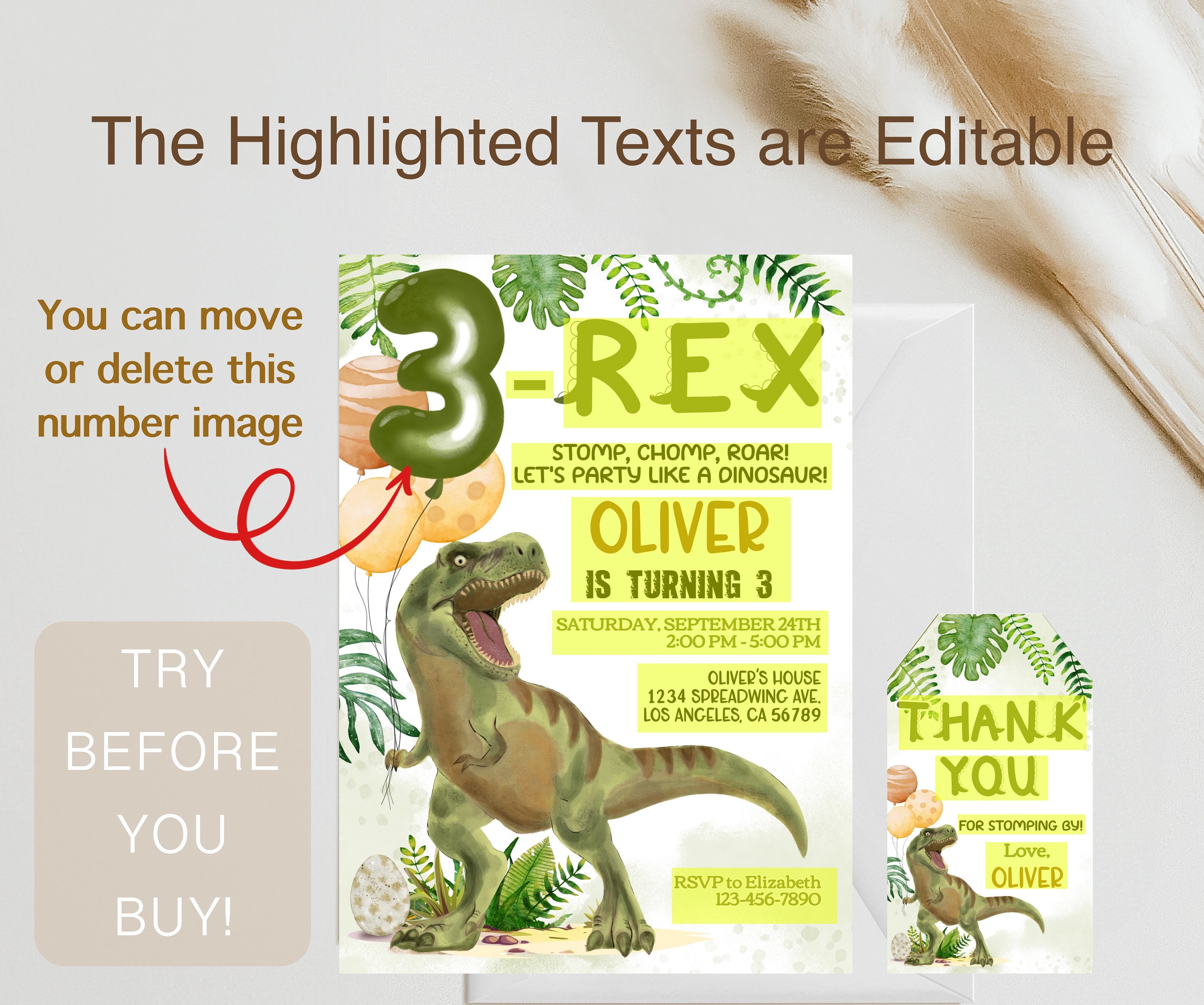 Editable Three Rex Birthday Invitation Template, 3rd Birthday Third ...