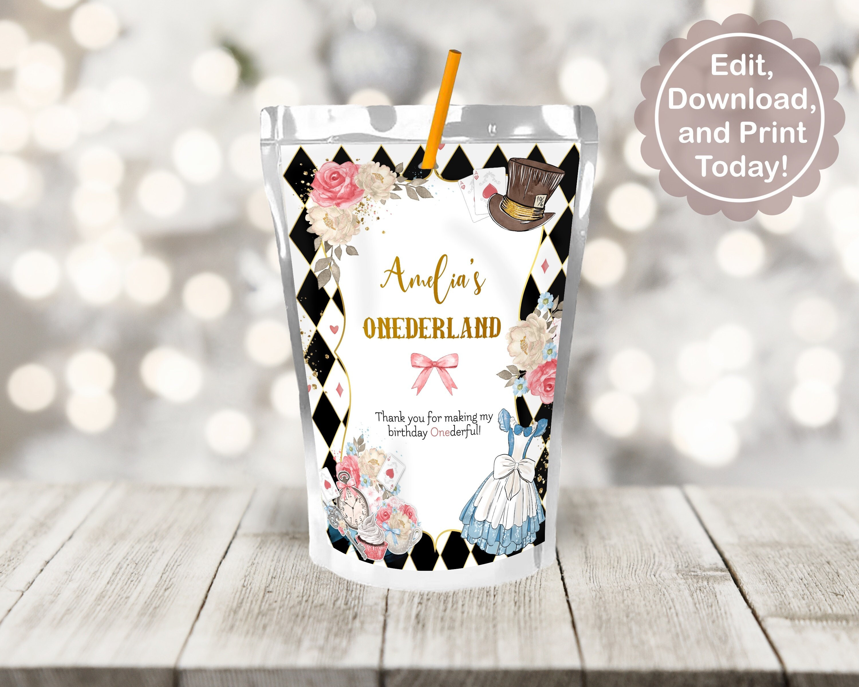 Editable Alice in Wonderland Capri Sun Sticker Label, Juice Pouch Party ...