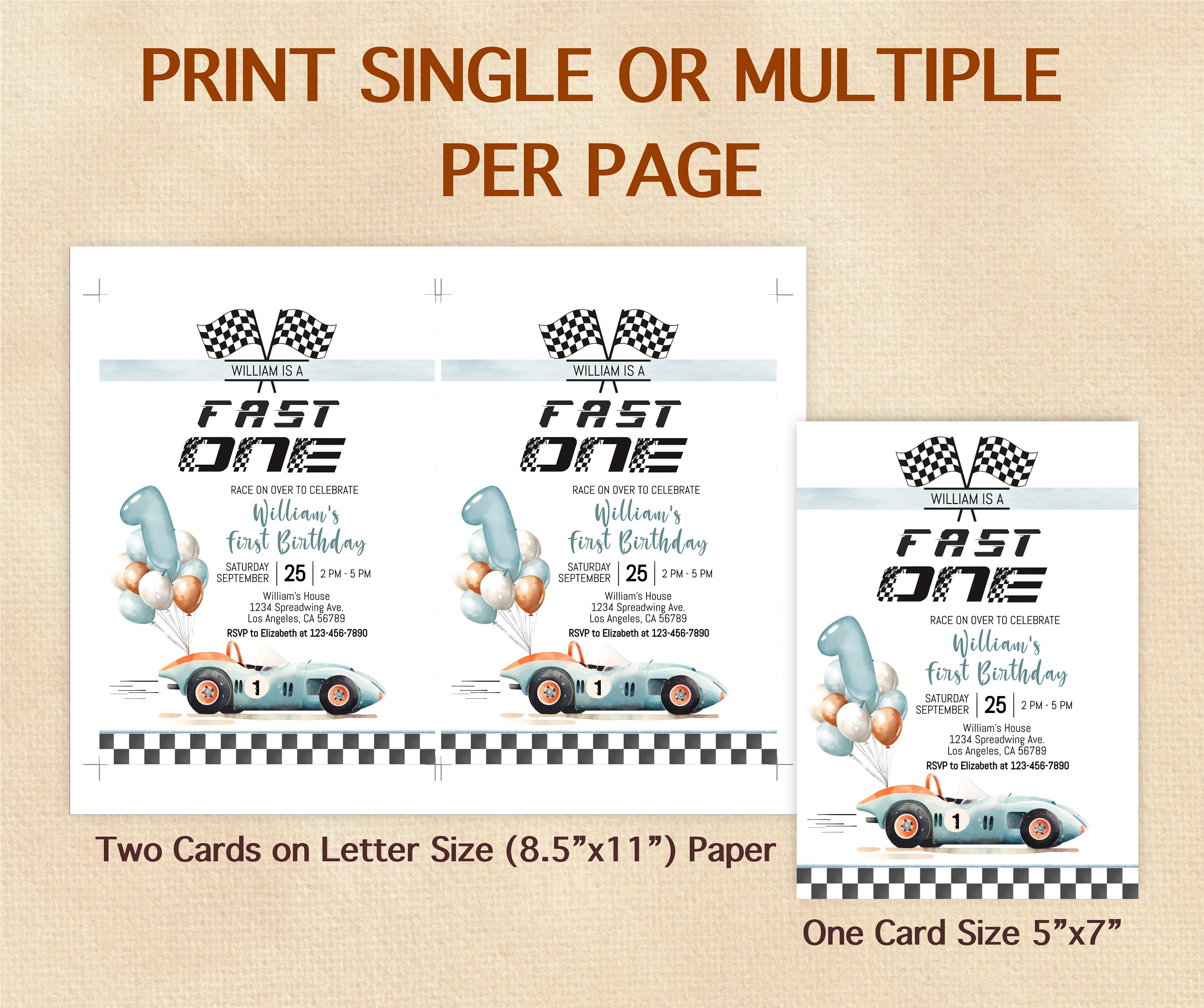 Editable Race Car First Birthday Invitation Template, Racing Car Fast ...