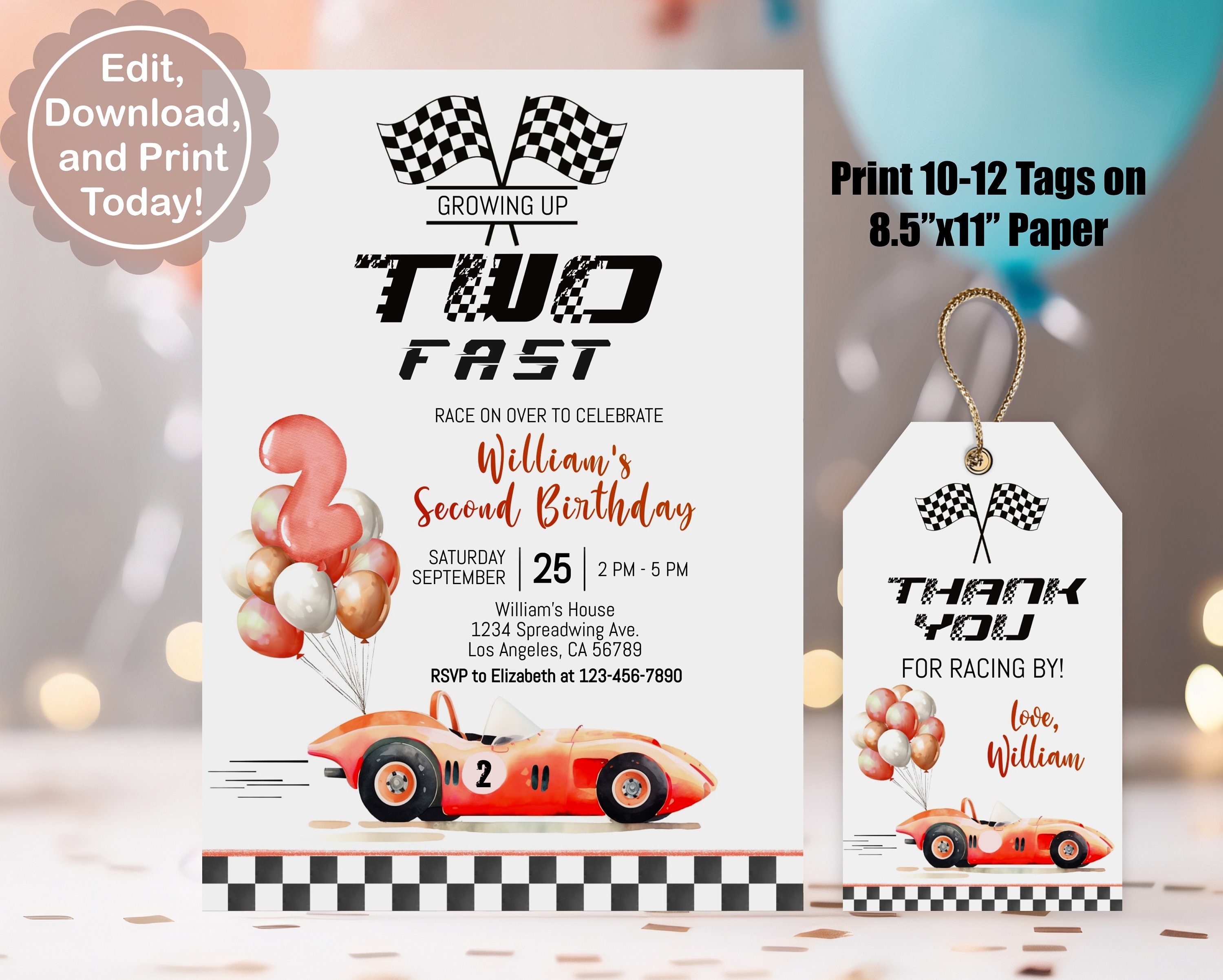 Editable Race Car Second Birthday Invitation Template, Racing Car Two ...