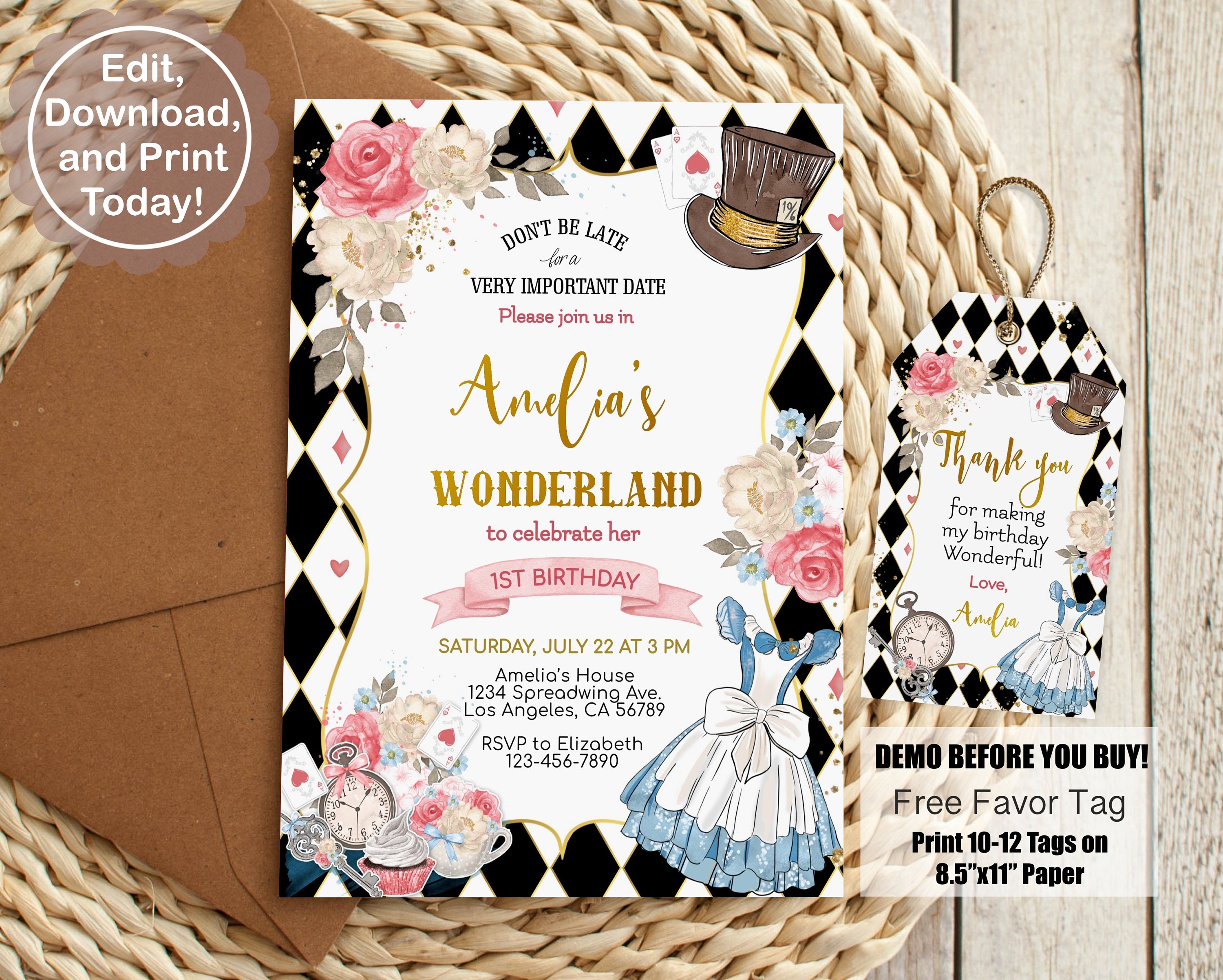 Editable Alice in Wonderland First Birthday Invitation Template, Alice ...