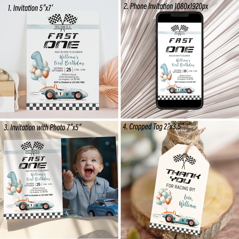 Editable Race Car First Birthday Bundle Template, Racing Car Fast One ...
