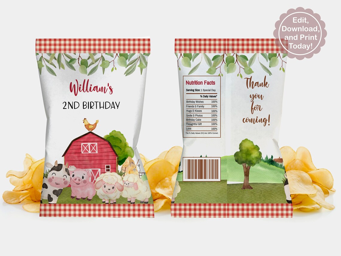 Editable Farm Birthday Chip Bag Template, Barn Animals Label, Red Boy ...