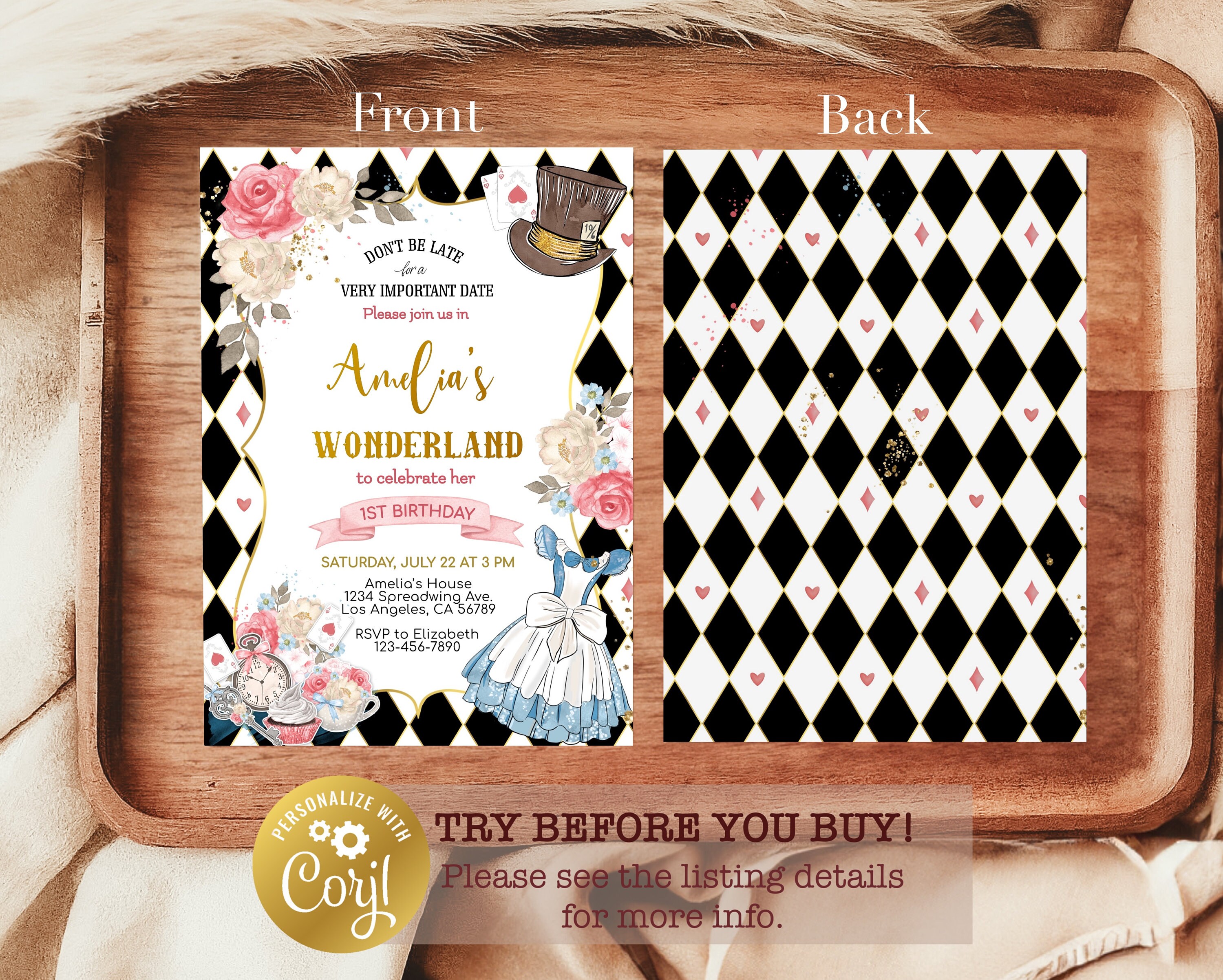 Editable Alice in Wonderland First Birthday Invitation Template, Alice ...