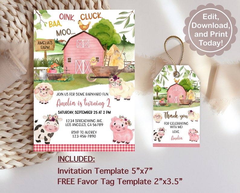 Editable Farm Birthday Invitation Template, Barn Animals Invite, Pink ...