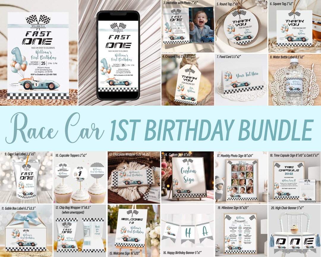 Editable Race Car First Birthday Bundle Template, Racing Car Fast One ...