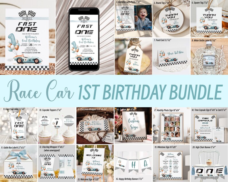 Editable Race Car First Birthday Bundle Template, Racing Car Fast One ...