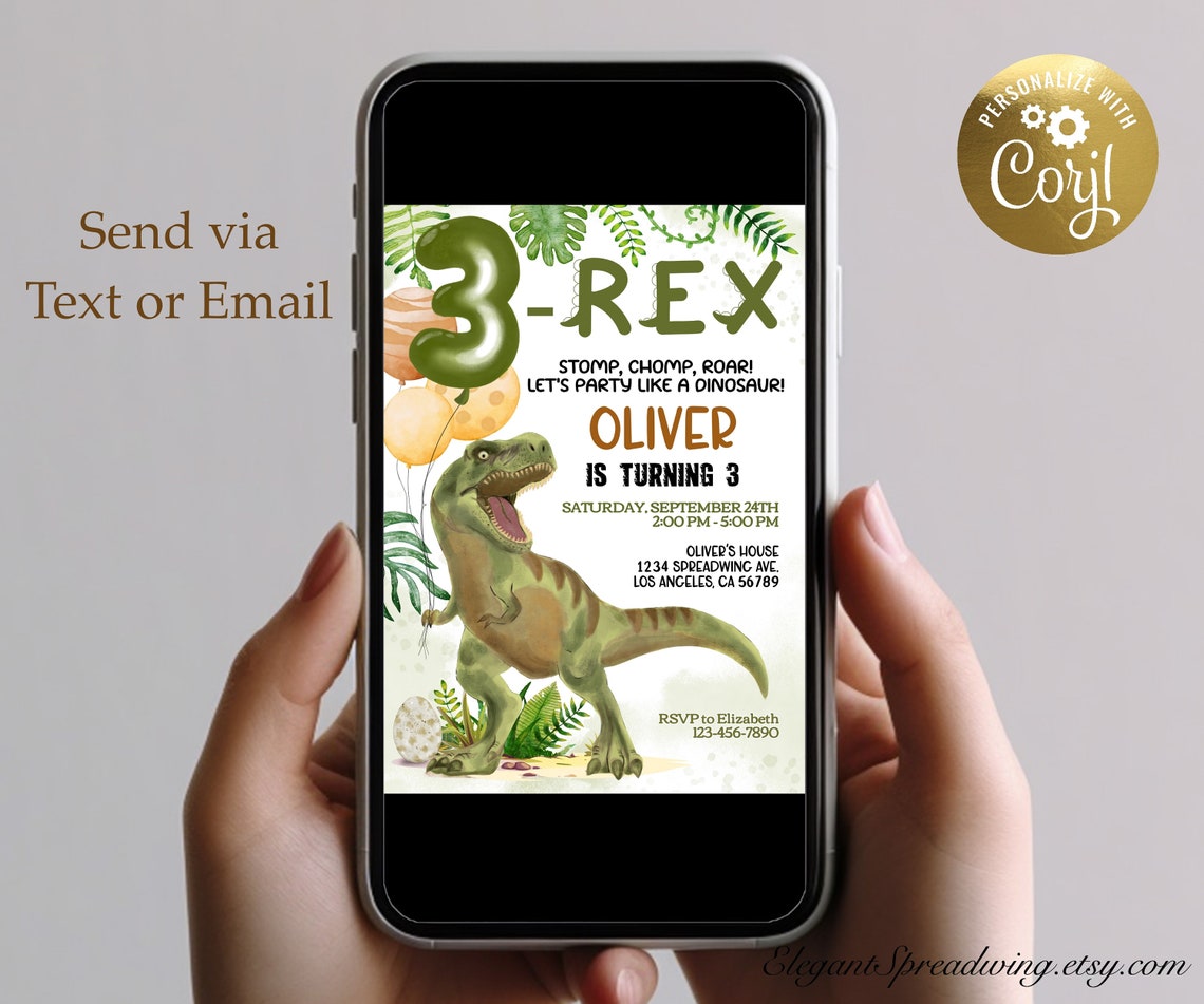 Editable Three Rex Birthday Invitation Template, 3rd Birthday Third ...