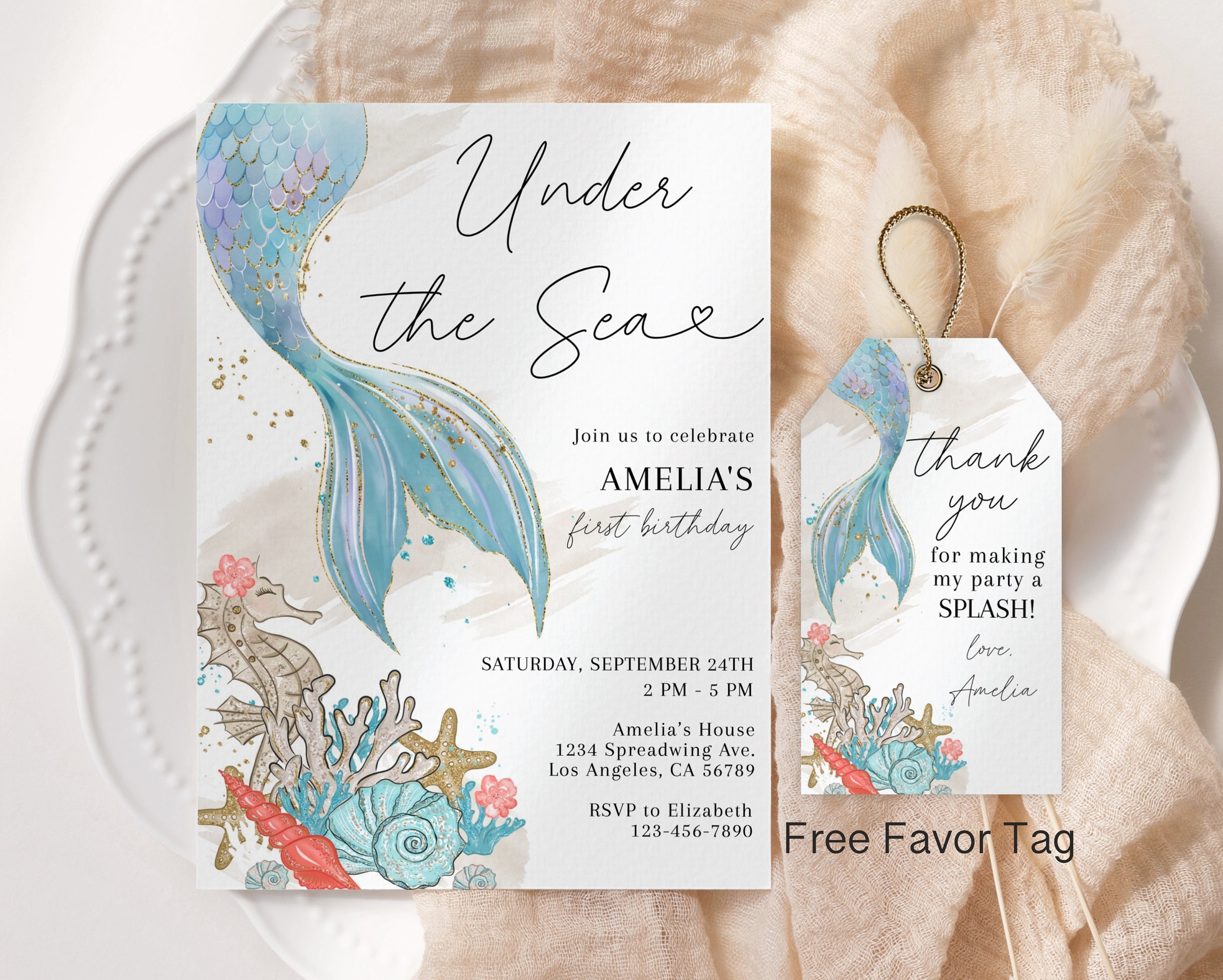 Editable Under the Sea Mermaid Girl Birthday Invitation Template ...