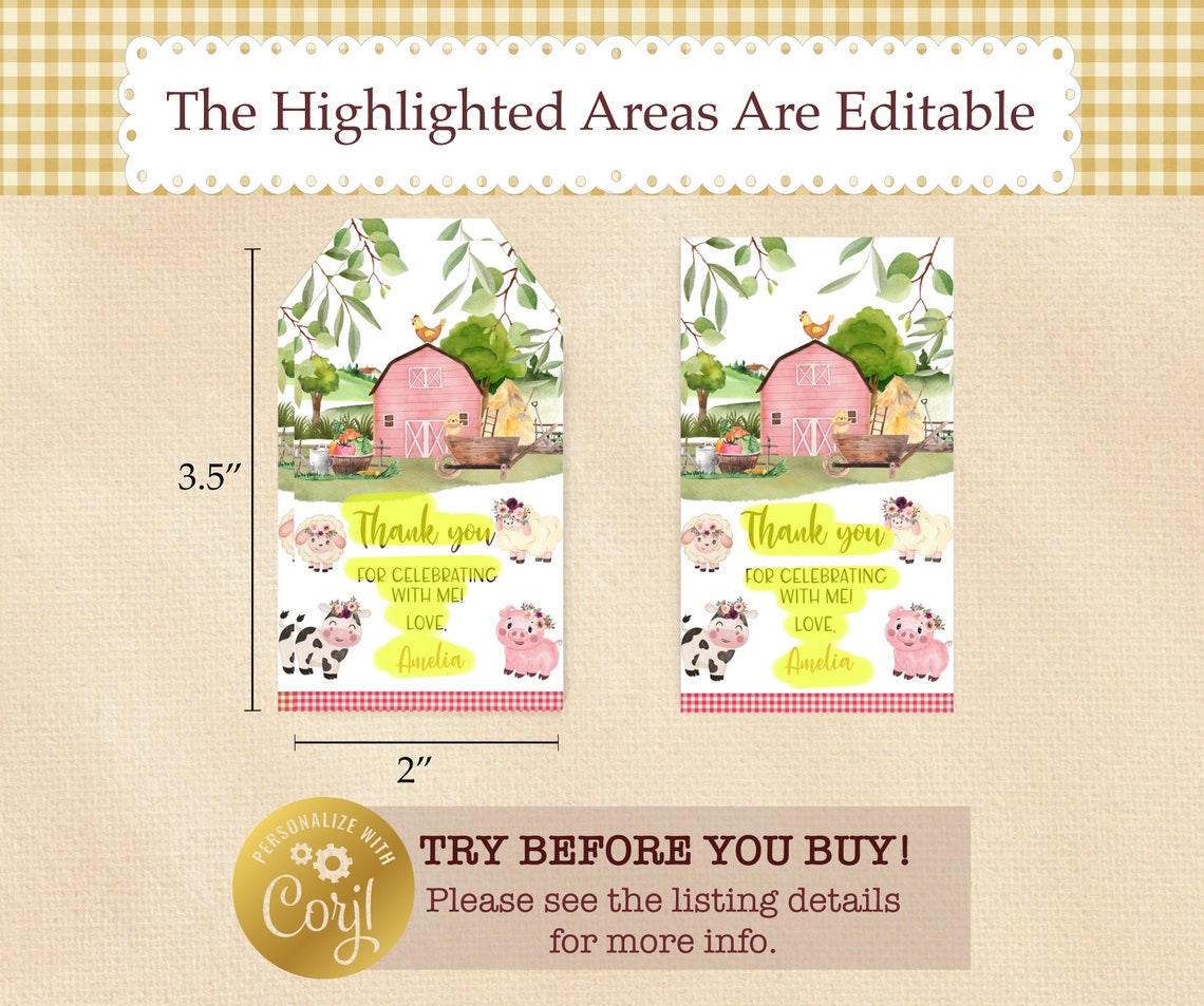 Editable Farm Birthday Thank You Tag Template, Barn Animals Favor Tag ...