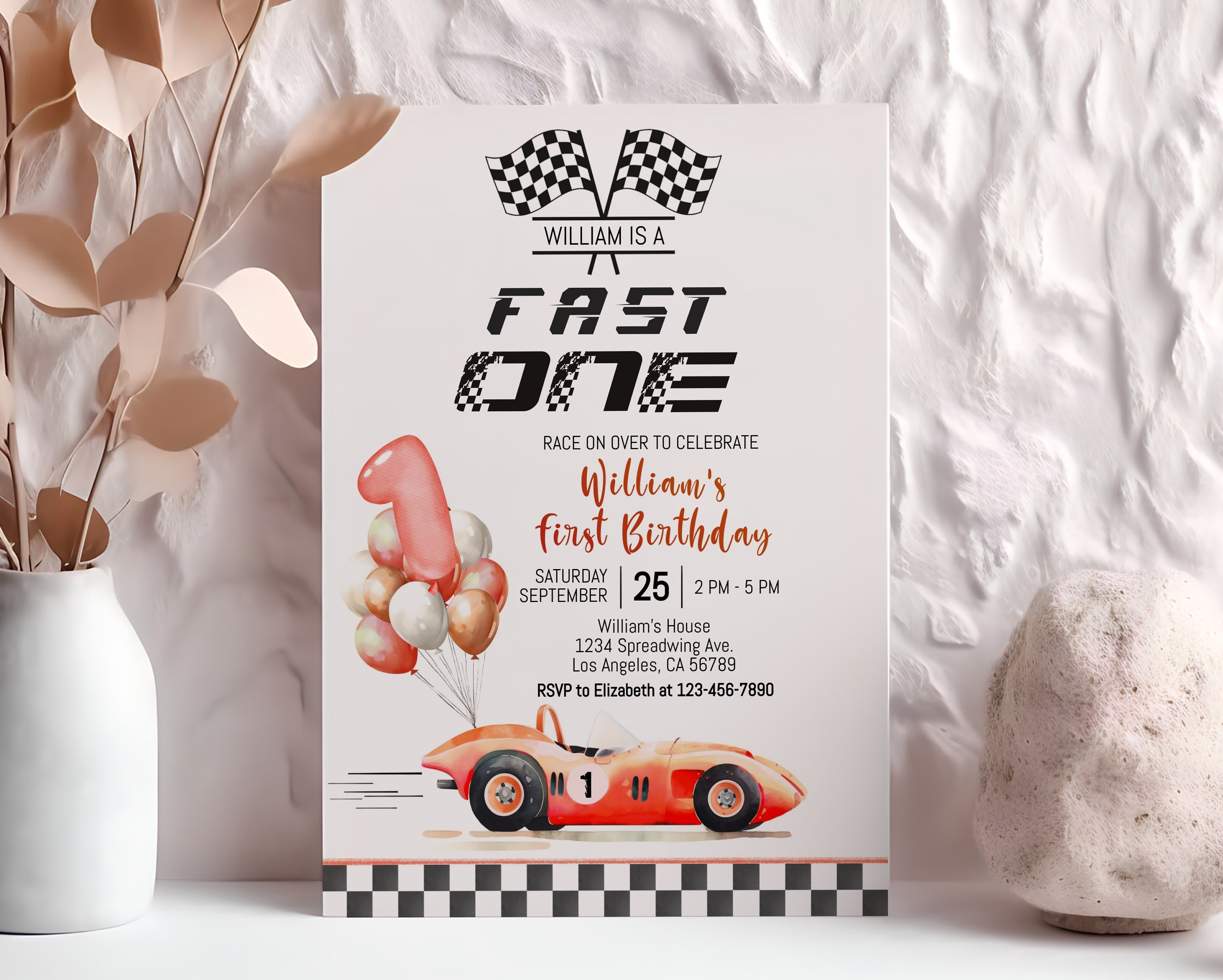 Editable Race Car First Birthday Invitation Template, Racing Car Fast ...