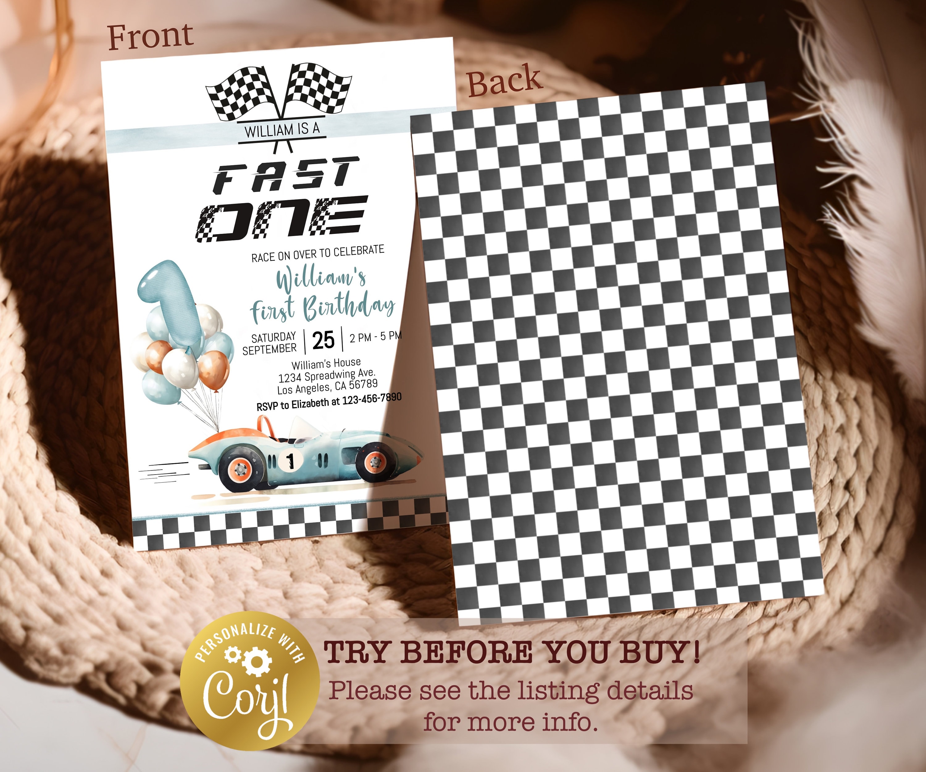 Editable Race Car First Birthday Invitation Template, Racing Car Fast ...
