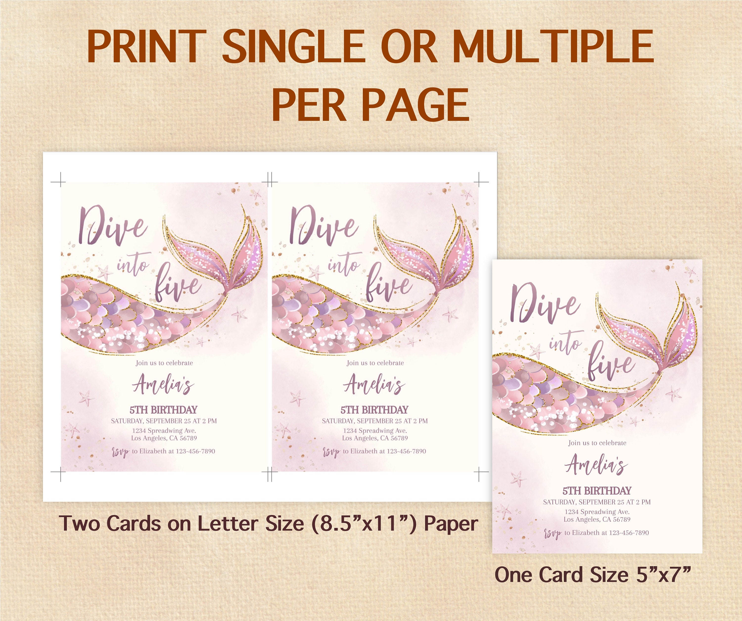 Editable Mermaid Dive Into Five Girl 5th Birthday Invitation Template ...