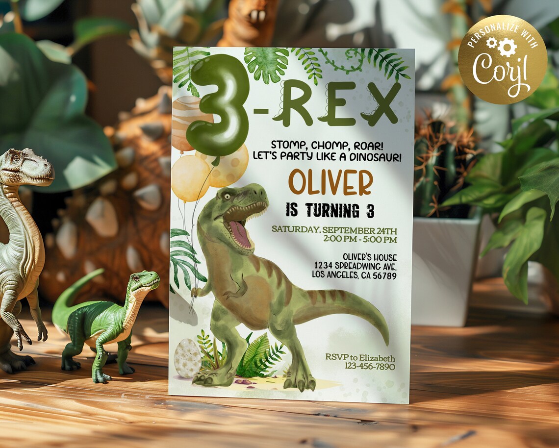 Editable Three Rex Birthday Invitation Template, 3rd Birthday Third ...