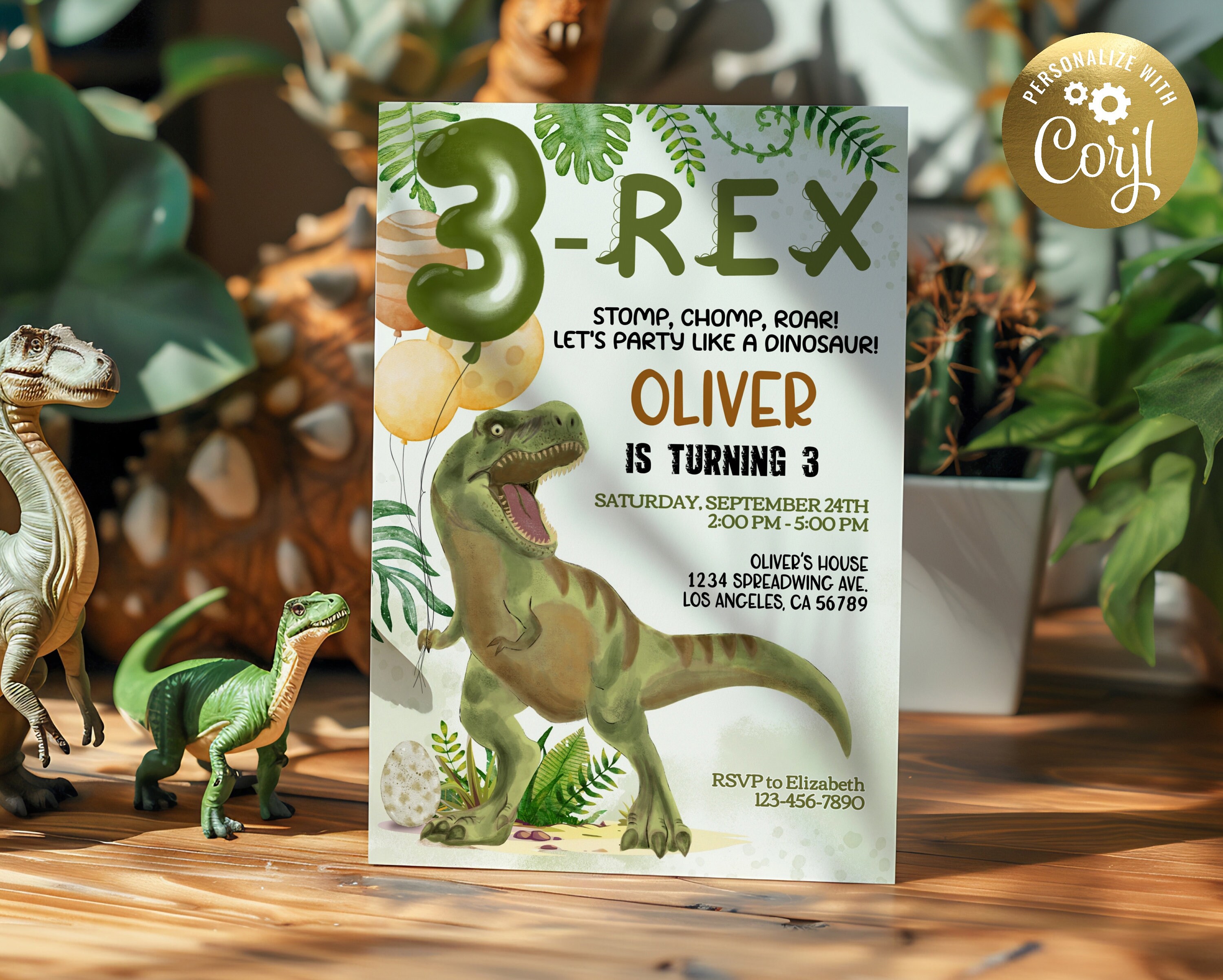 Editable Three Rex Birthday Invitation Template, 3rd Birthday Third ...