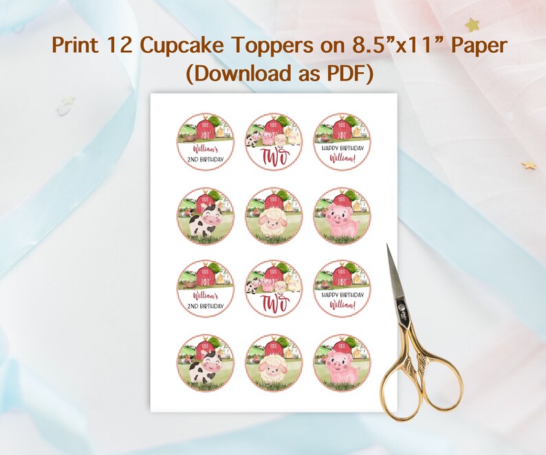 Editable SET OF 6 Farm Birthday Cupcake Topper Template, Barn Animals ...