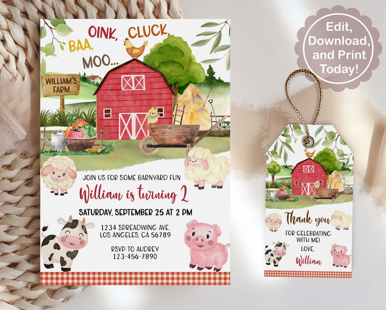 Editable Farm Birthday Invitation Template, Barn Animals Invite, Red ...