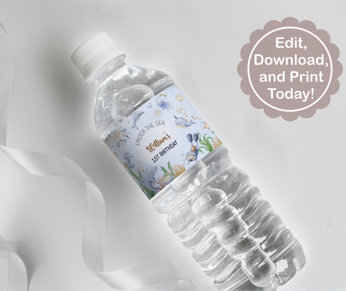 Editable Under the Sea Water Bottle Label, Oneder the Sea Birthday ...