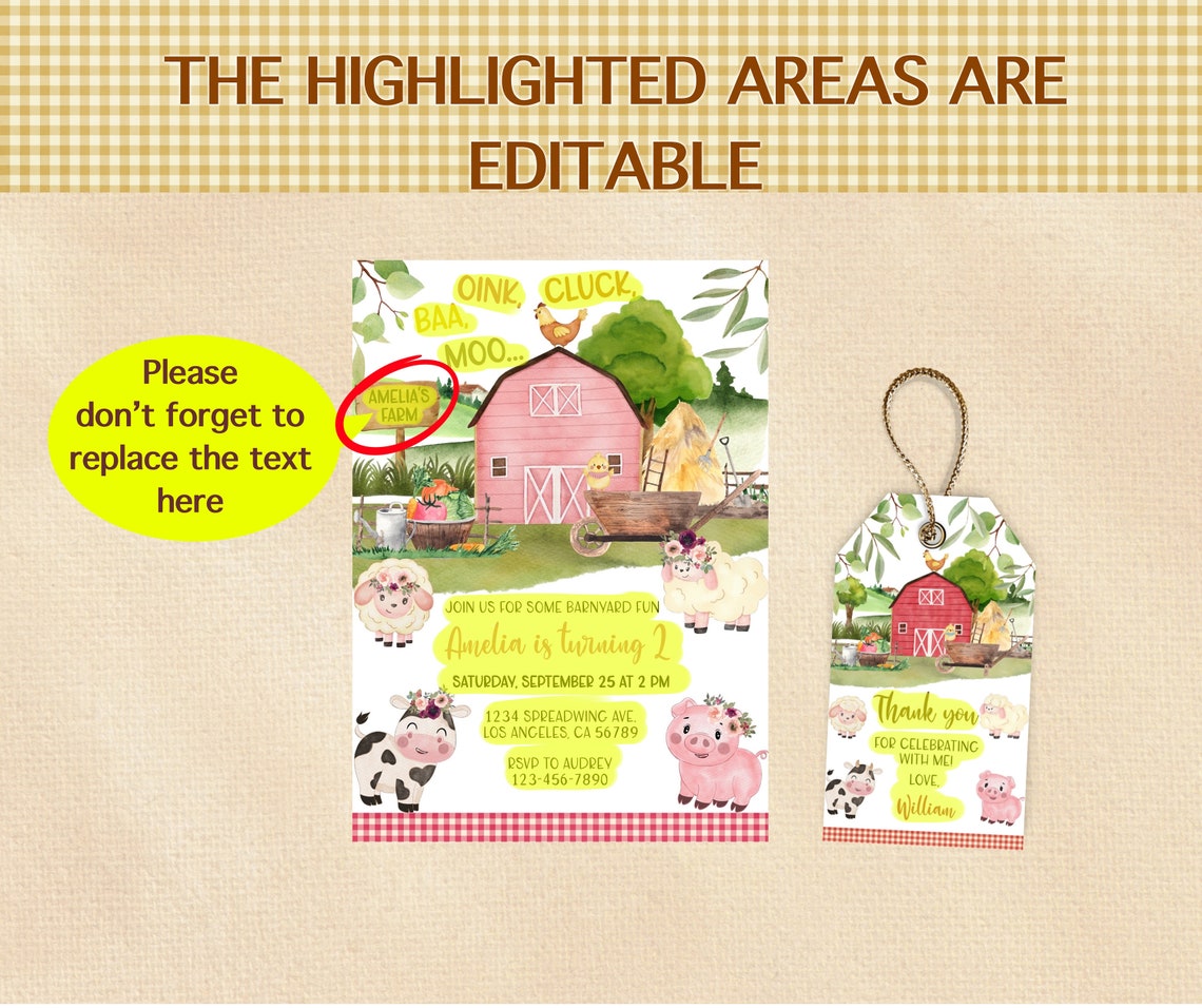 Editable Farm Birthday Invitation Template, Barn Animals Invite, Pink ...