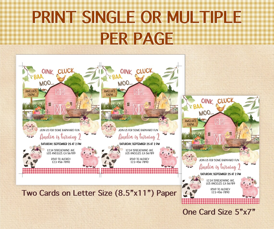 Editable Farm Birthday Invitation Template, Barn Animals Invite, Pink ...