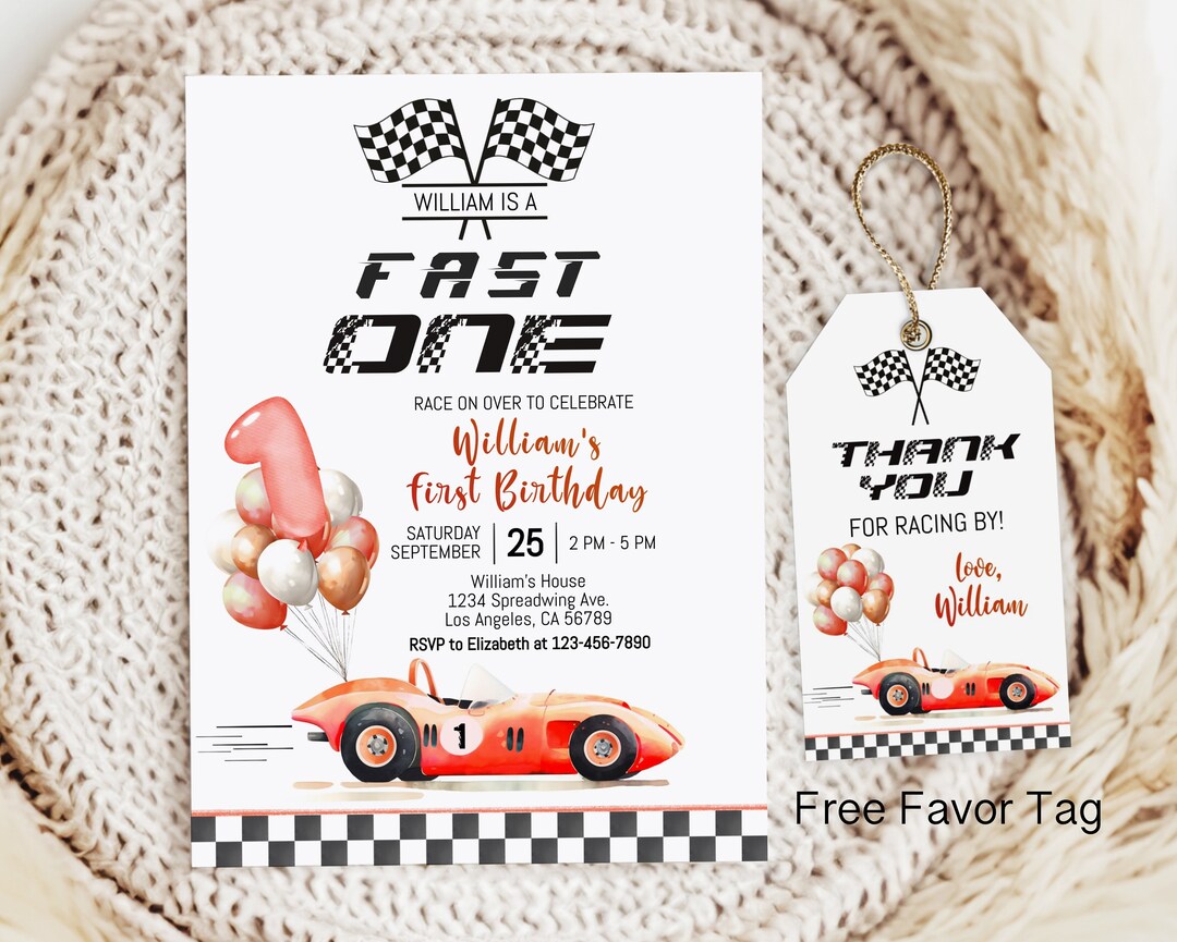 Editable Race Car First Birthday Invitation Template, Racing Car Fast ...