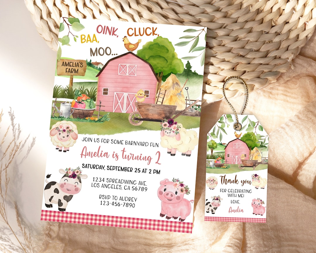 Editable Farm Birthday Invitation Template, Barn Animals Invite, Pink ...
