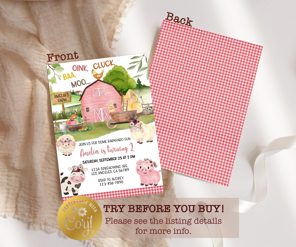 Editable Farm Birthday Invitation Template, Barn Animals Invite, Pink ...