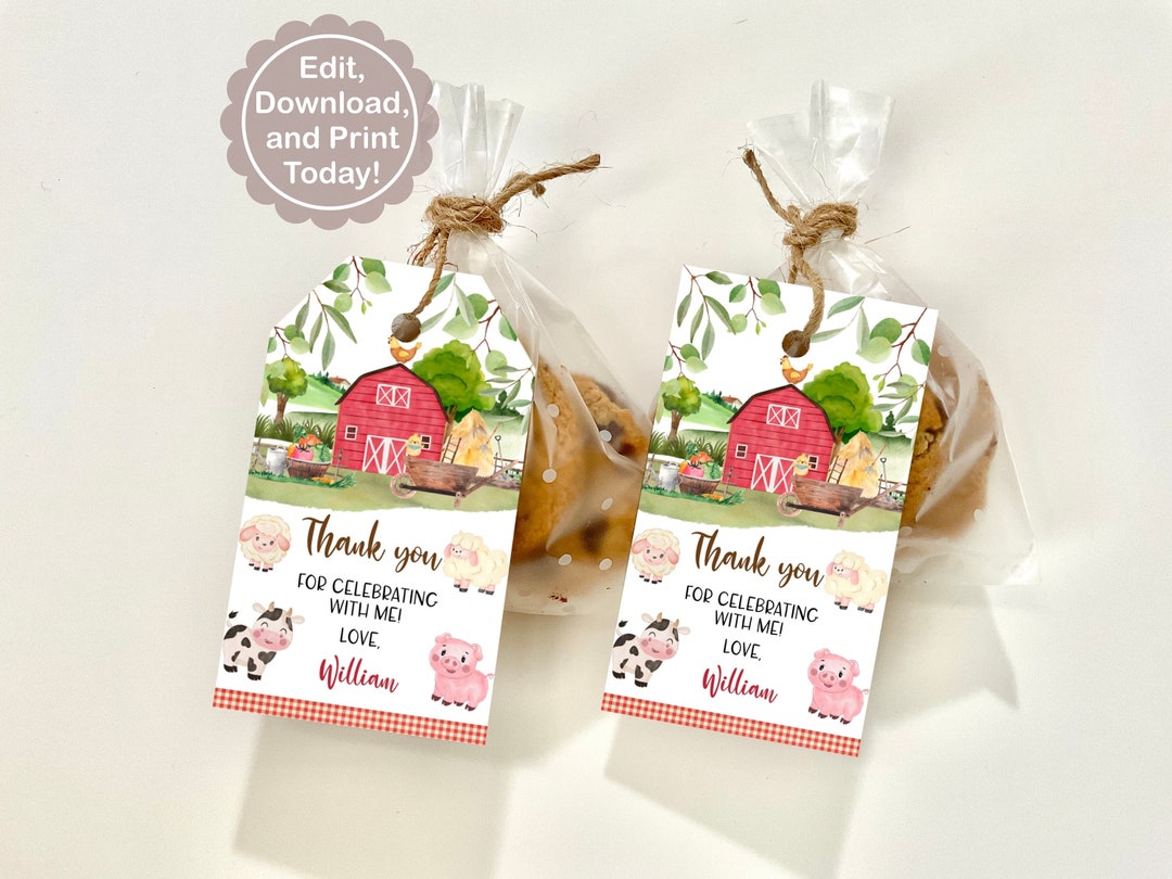 Editable Farm Birthday Thank You Tag Template, Barn Animals Favor Tag ...