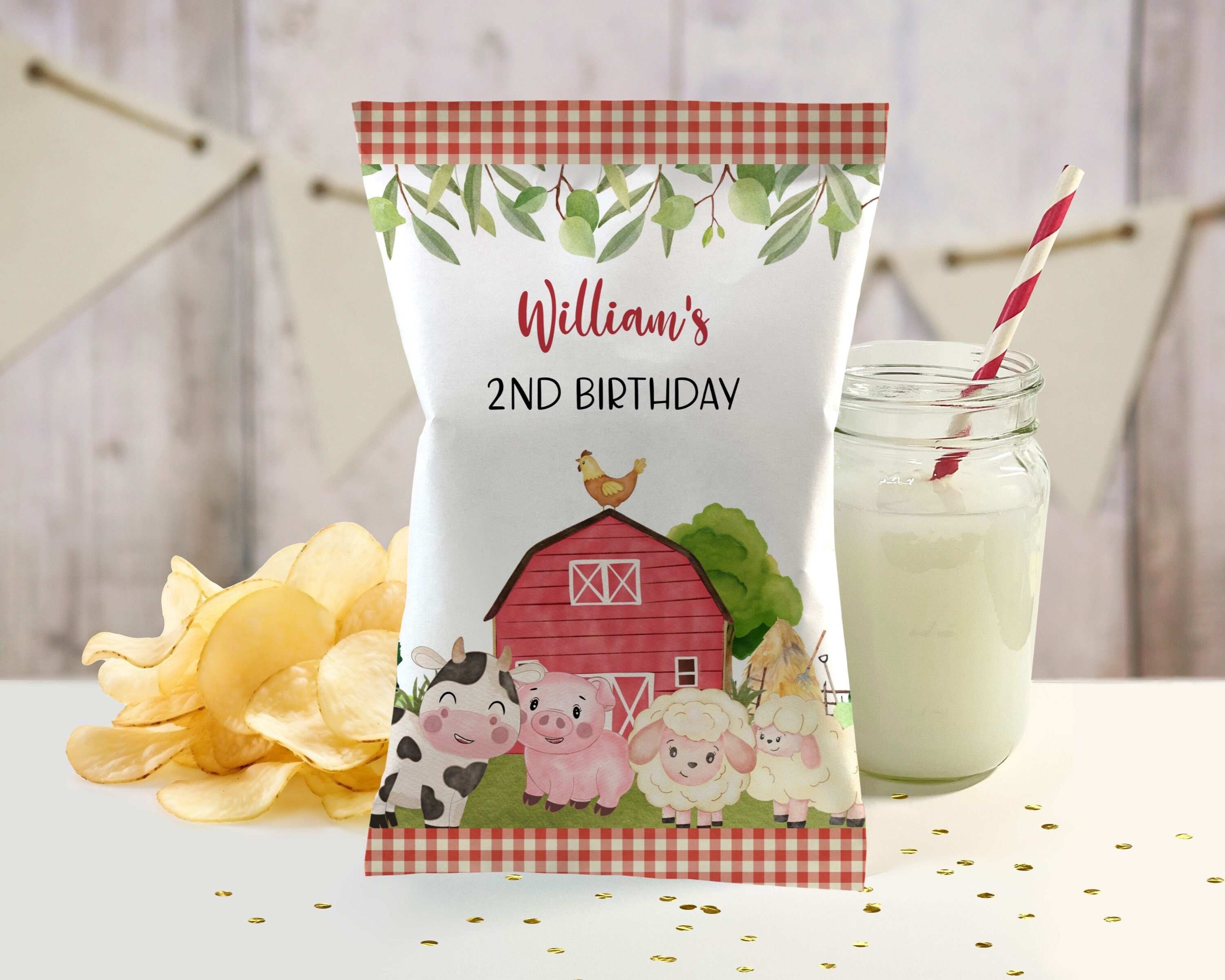 Editable Farm Birthday Chip Bag Template, Barn Animals Label, Red Boy ...