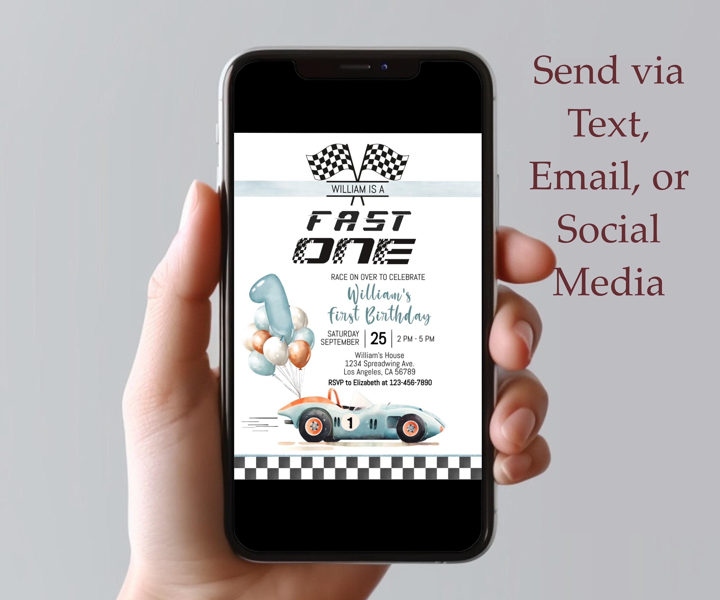 Editable Race Car First Birthday Invitation Template, Racing Car Fast ...