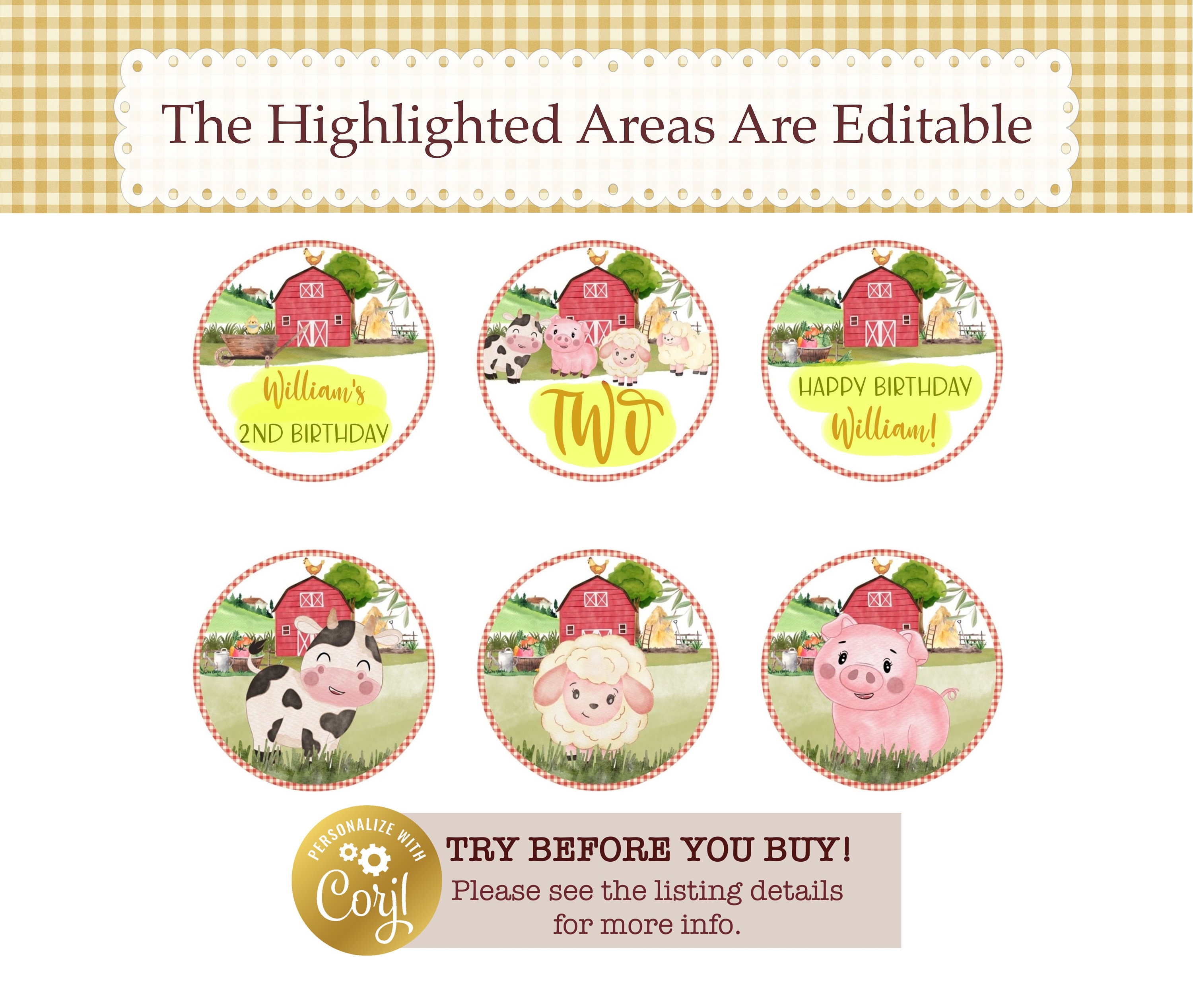 Editable SET OF 6 Farm Birthday Cupcake Topper Template, Barn Animals ...