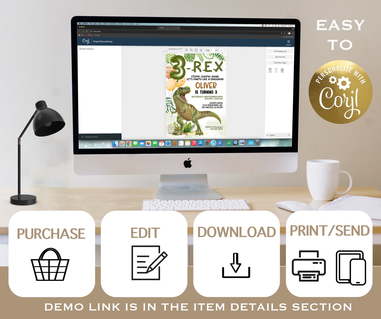 Editable Three Rex Birthday Invitation Template, 3rd Birthday Third ...