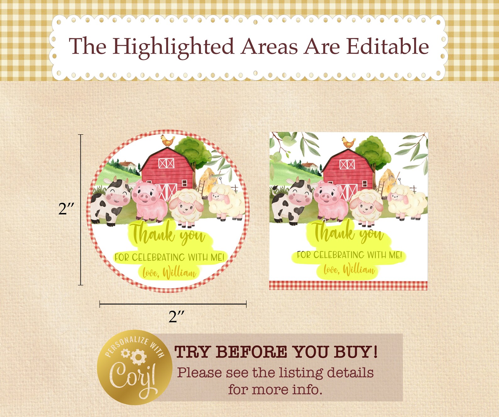 Editable Farm Birthday Thank You Tag Template, Barn Animals Favor Tag ...