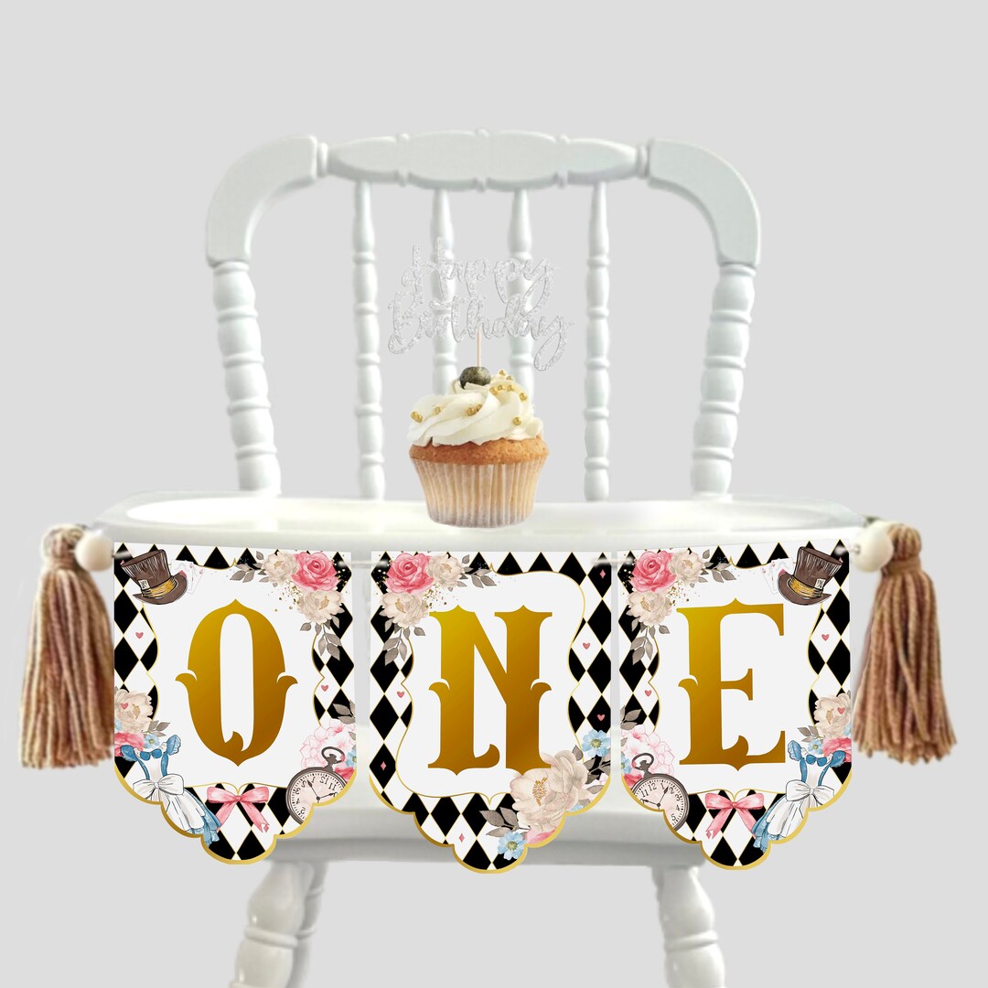 Printable Alice in Wonderland High Chair First Birthday Banner, Alice ...
