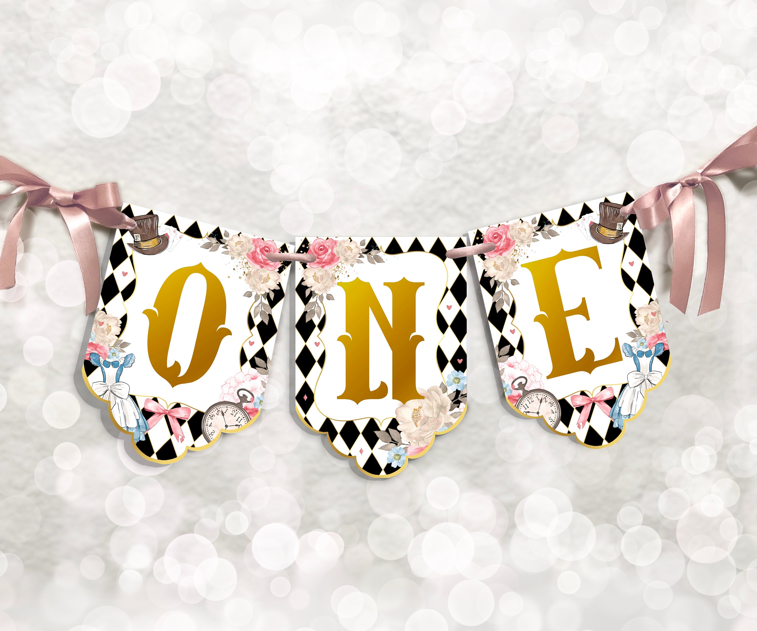 Printable Alice in Wonderland High Chair First Birthday Banner, Alice ...