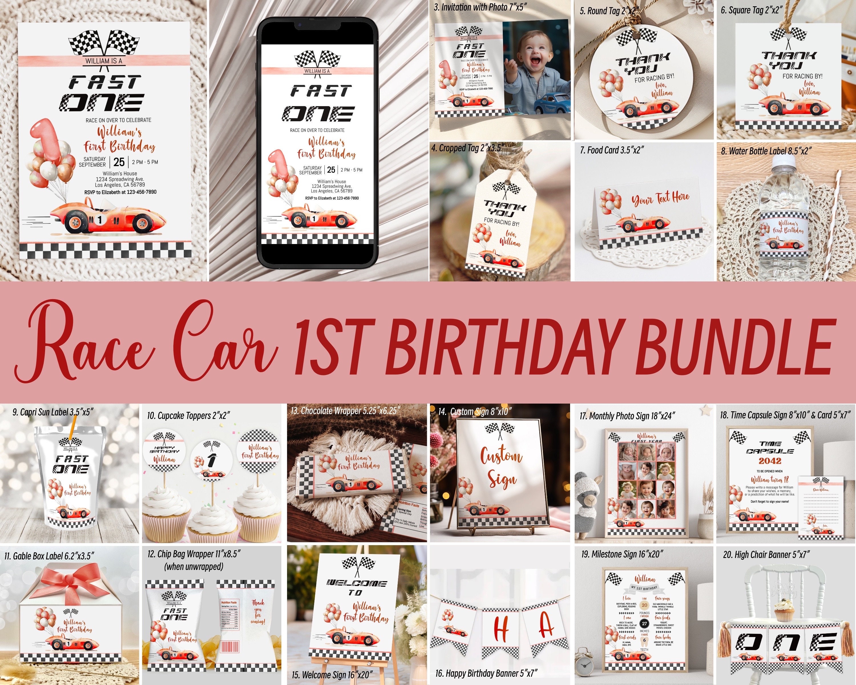 Editable Race Car First Birthday Invitation Template, Racing Car Fast ...