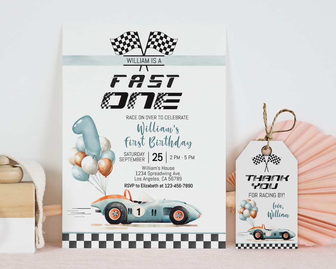 Editable Race Car First Birthday Invitation Template, Racing Car Fast ...