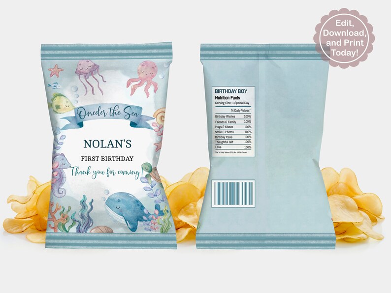 Editable Under the Sea Chip Bag, Oneder the Sea First Birthday Label ...
