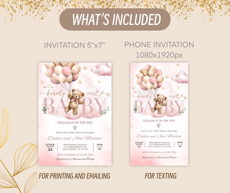 Invitación editable para baby shower de osito rosa, "Podemos esperar ...