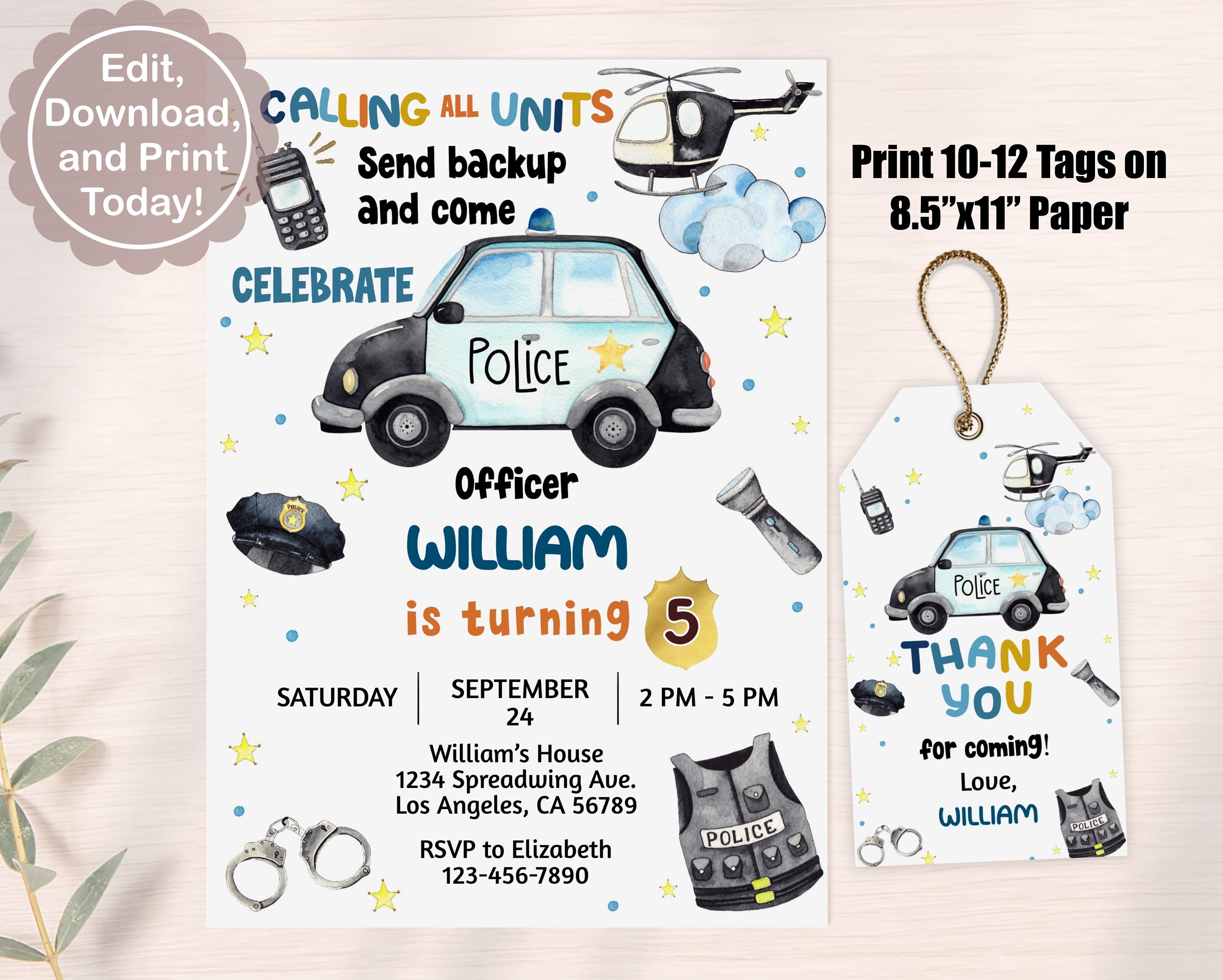 Editable Police Birthday Invitation Template, Police Car Birthday ...