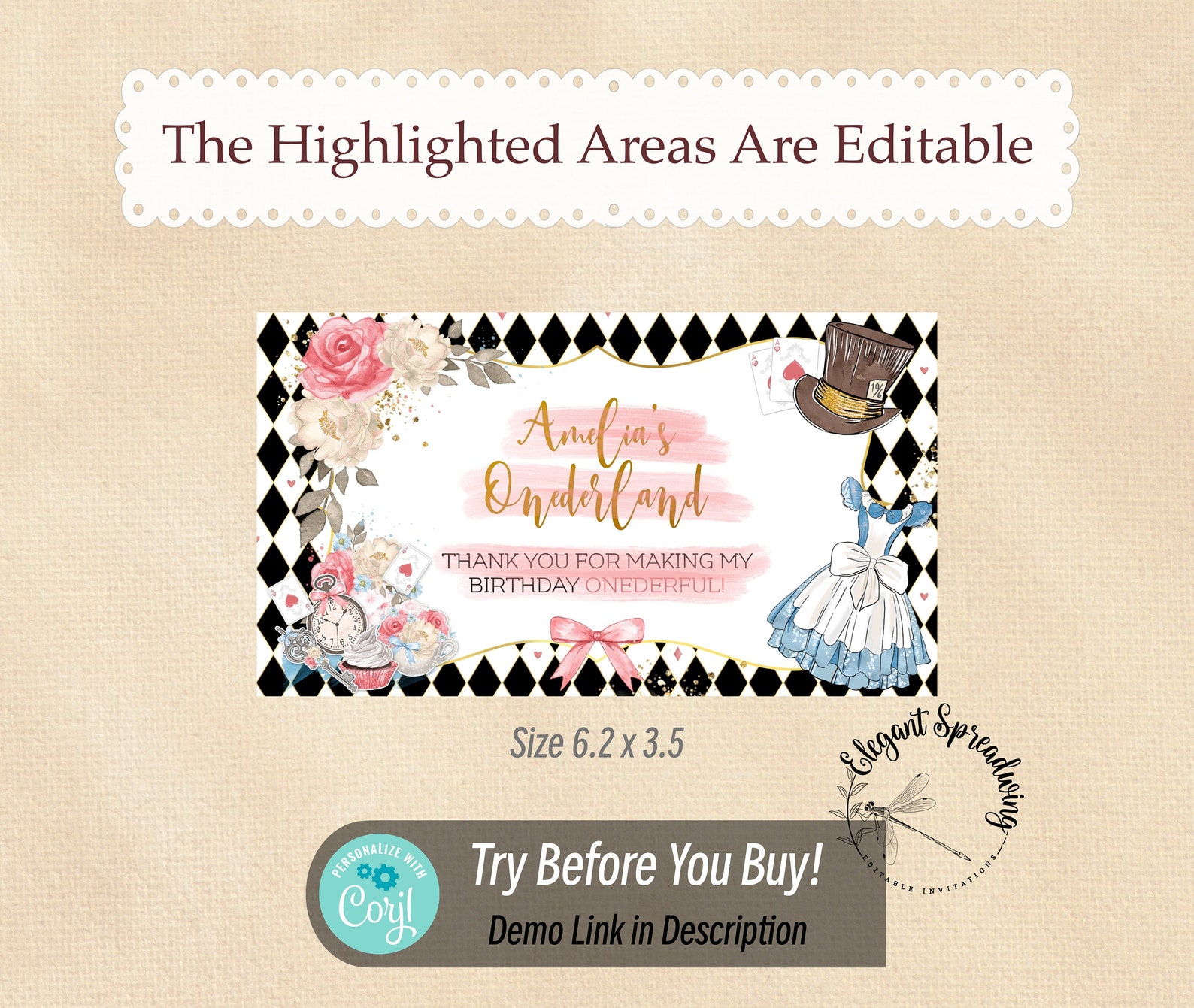 Editable Alice in Wonderland Gable Box Label, Alice in Onederland First ...