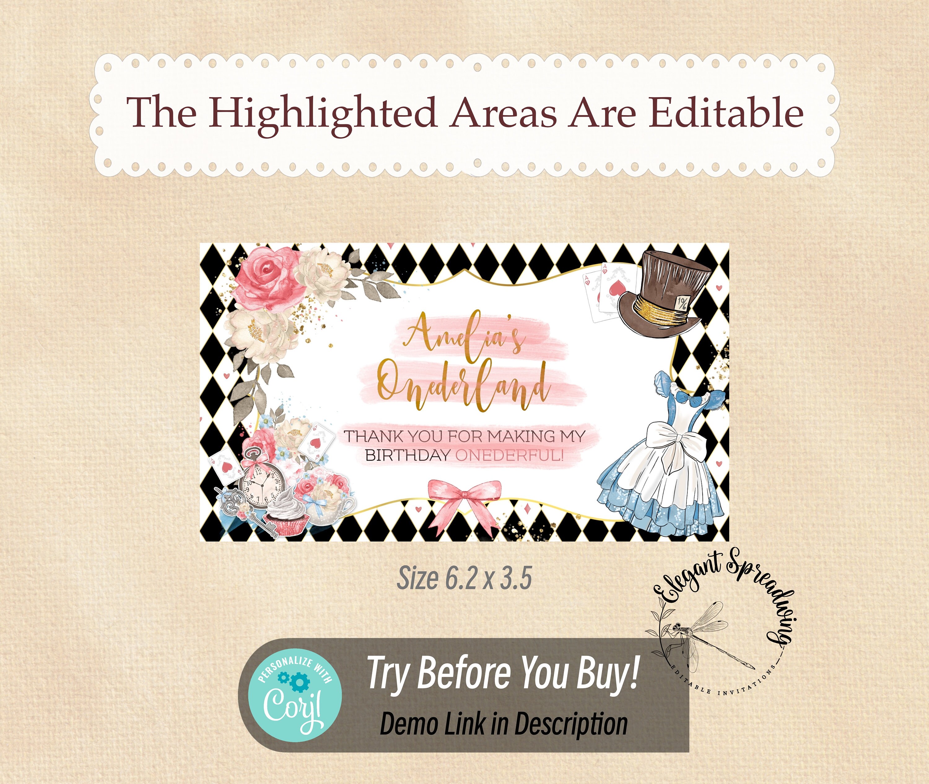 Editable Alice in Wonderland Gable Box Label, Alice in Onederland First ...