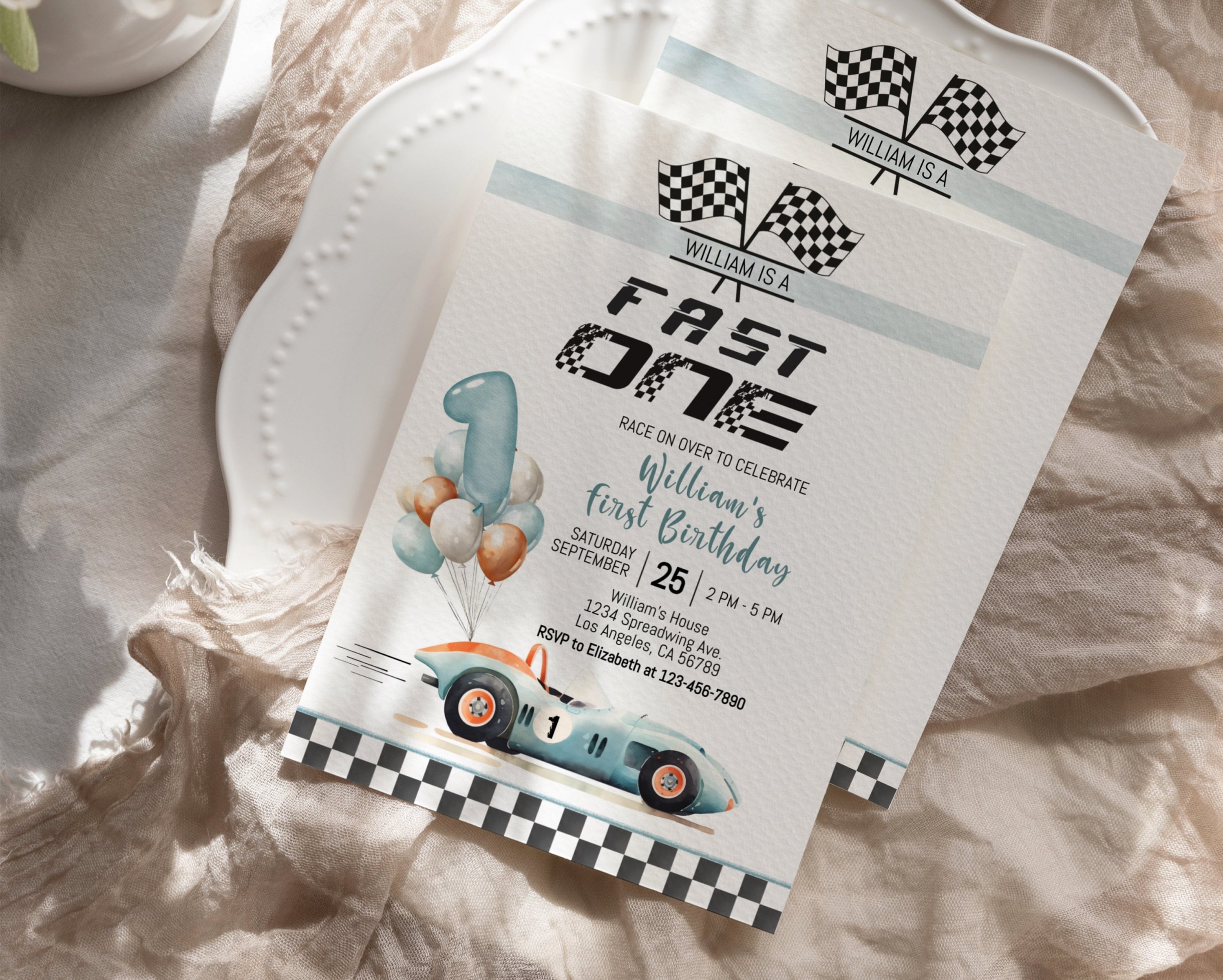Editable Race Car First Birthday Invitation Template, Racing Car Fast ...