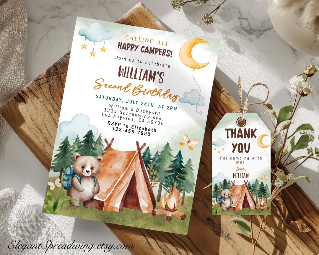 Editable Camping Birthday Invitation Template, Happy Camper Invite, Fun Outdoor Camping Party ...