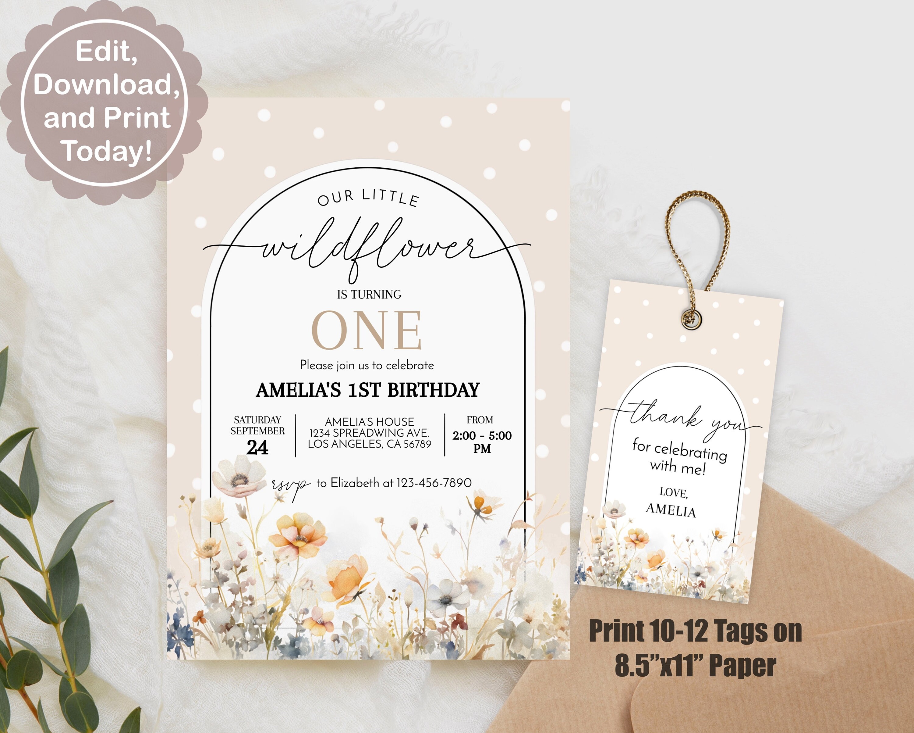 Editable Wildflower Girl First Birthday Invitation Template, Wild ...